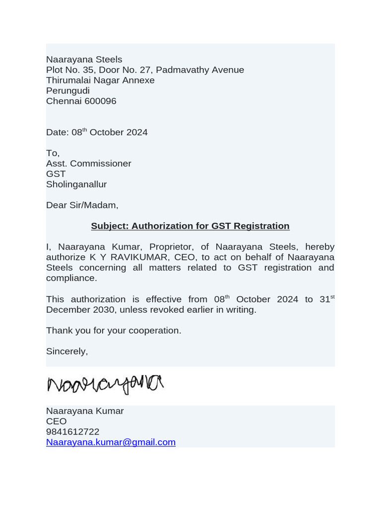 Naarayana Steels GST Authorization Letter | PDF