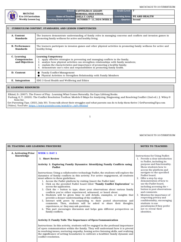 DLL Matatag - Pe&health 7 Q2 W2-4 | PDF