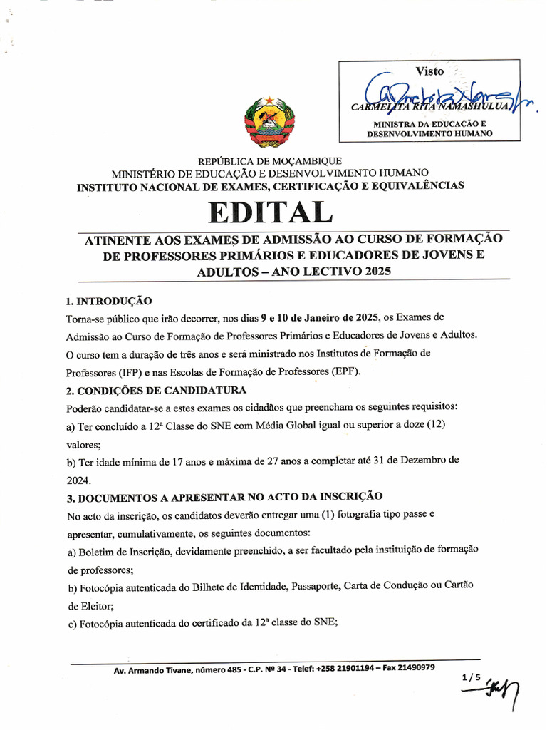 Edital de Exames de Admissao FP - 2024 | PDF