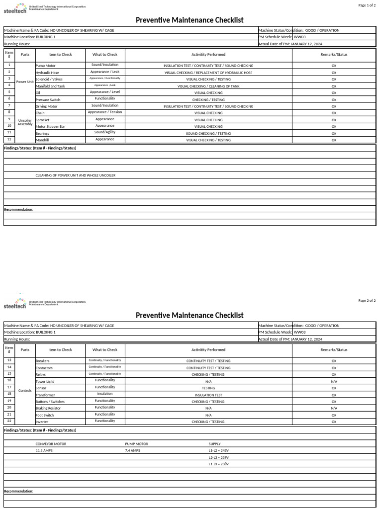 PM Checklist WW03 - HD Uncoiler of HD Shearing B1 | PDF