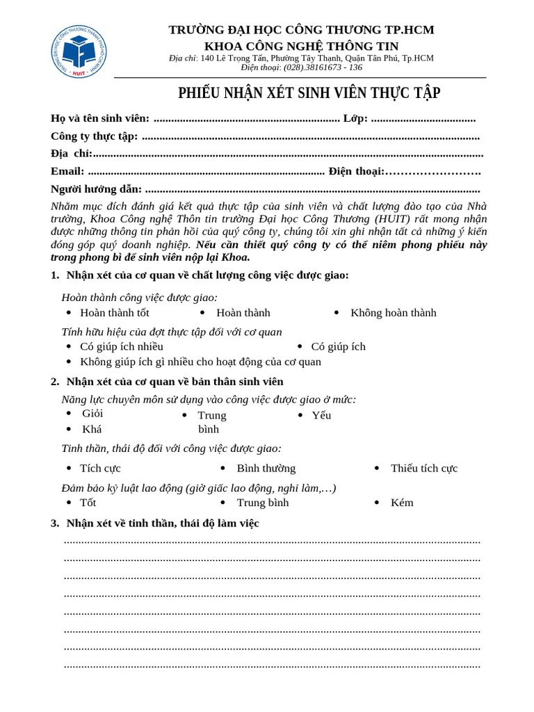 Mau 2 Phieu Nhan Xet SV Thuc Tap Tai Cong Ty 2024 | PDF