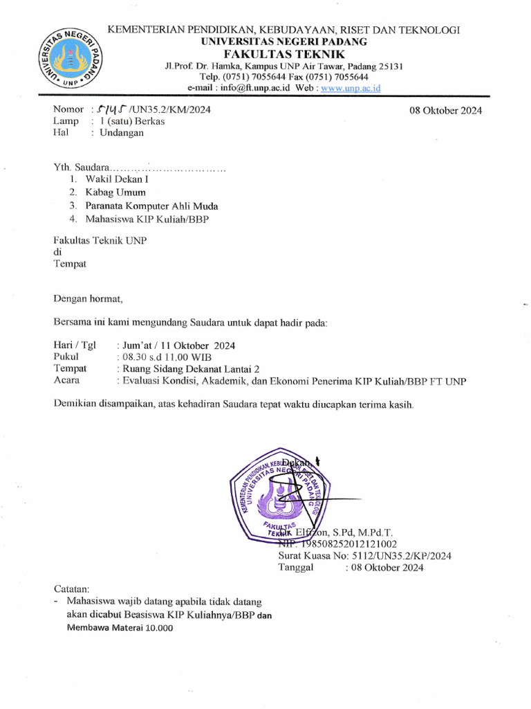 Undangan KIP Kuliah-BBP FT UNP Digabungkan | PDF