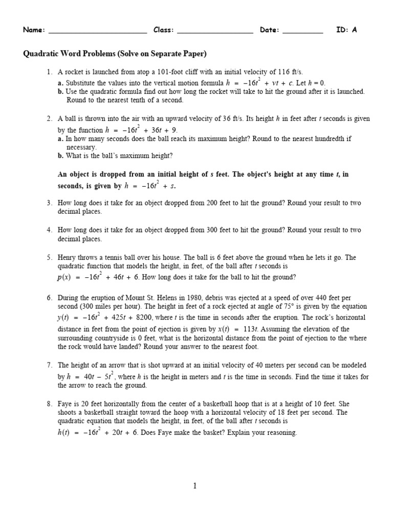 Quadratic Word Problem Worksheet 1 1 | PDF