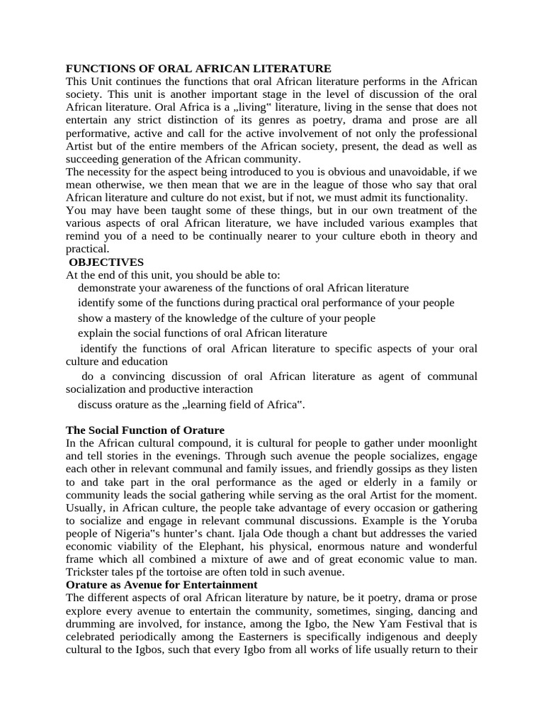 Functions of Oral African Literature 2 | PDF | African Literature | Art