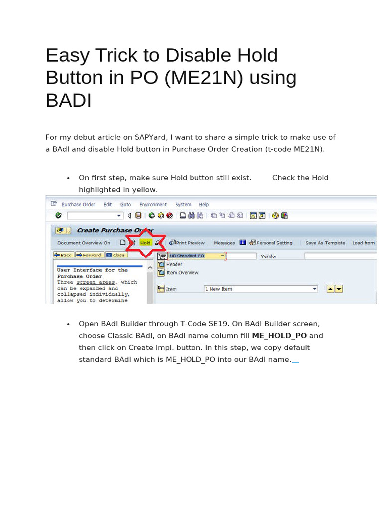 Easy Trick To Disable Hold Button in PO (ME21N) Using BADI SAP MM | PDF