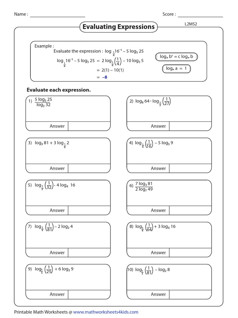 Logarithms - Evaluating Expressions Level2 Medium2 | PDF