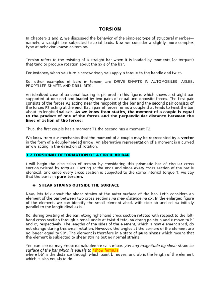 Torsion Summary | PDF | Stress (Mechanics) | Torque