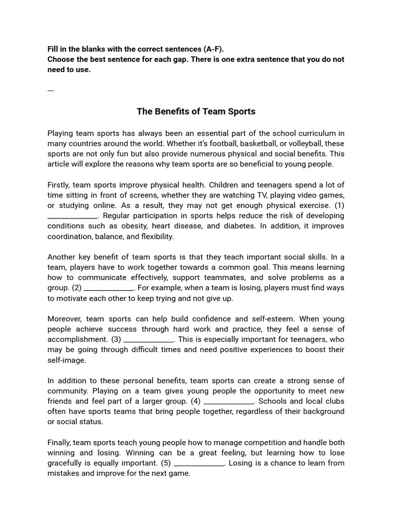 Gapped Text - Fill in The Blanks With The Correct Sentences (Level B1 ...