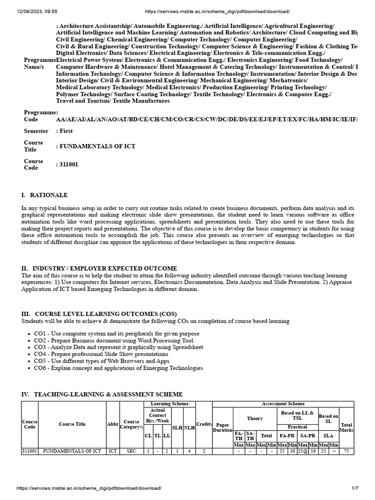 Fundamentals of Ict ICT SEC 1 - 2 1 4 2 - 25 10 25@ 10 25 75 | PDF