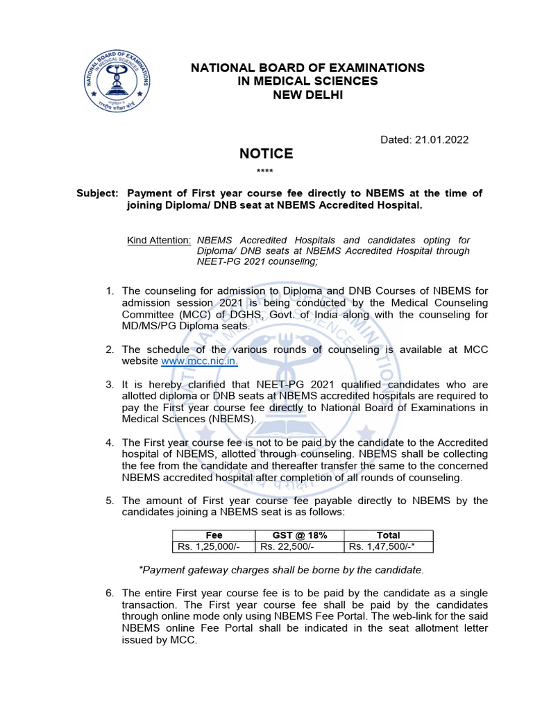 45 NBE Fee Payment Natboard Data Publicnotice Notice 202201203552 | PDF