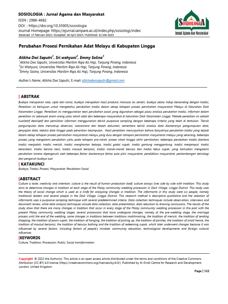 Artikel - Perubahan Prosesi Pernikahan Adat Melayu Di Kabupaten Lingga | PDF