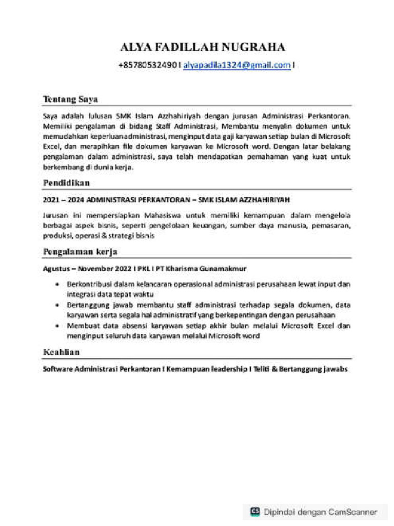 CV Alya Fadillah Nugraha - Berkas Lamaran Pekerjaan | PDF