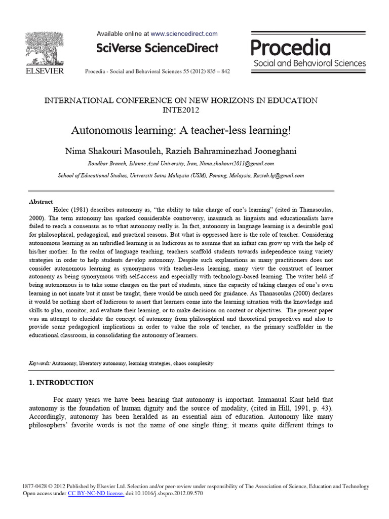 Autonomous Learning: A Teacher-Less Learning!: Nima Shakouri Masouleh, Razieh Bahraminezhad ...