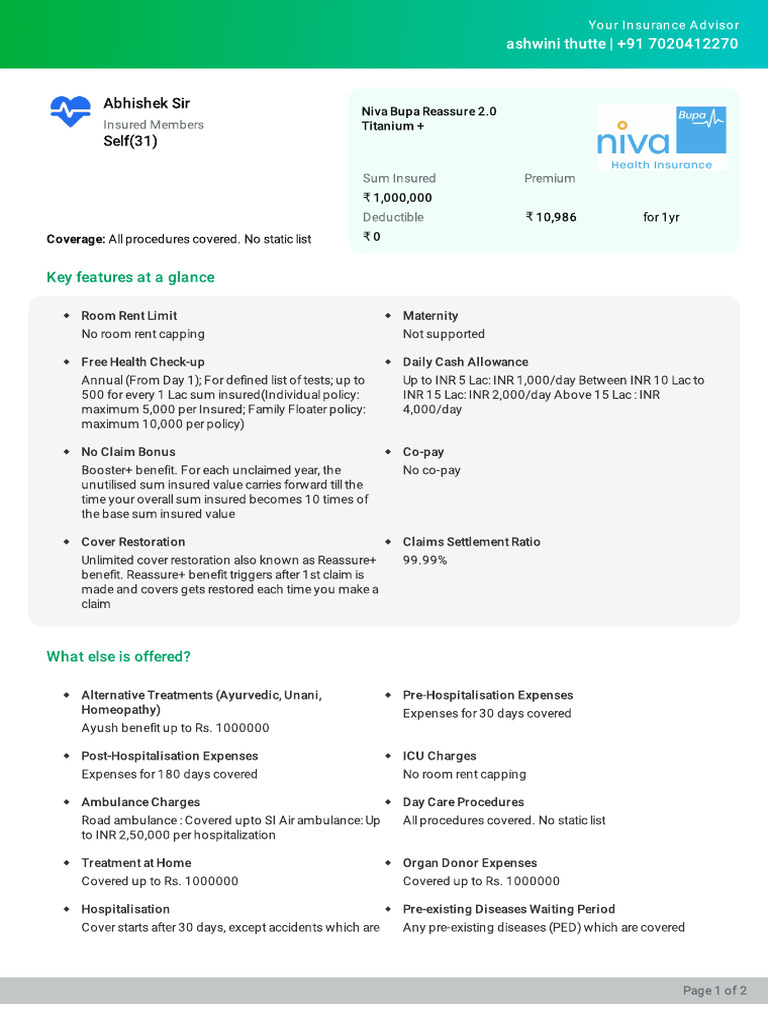 Health Plan Details Niv | PDF