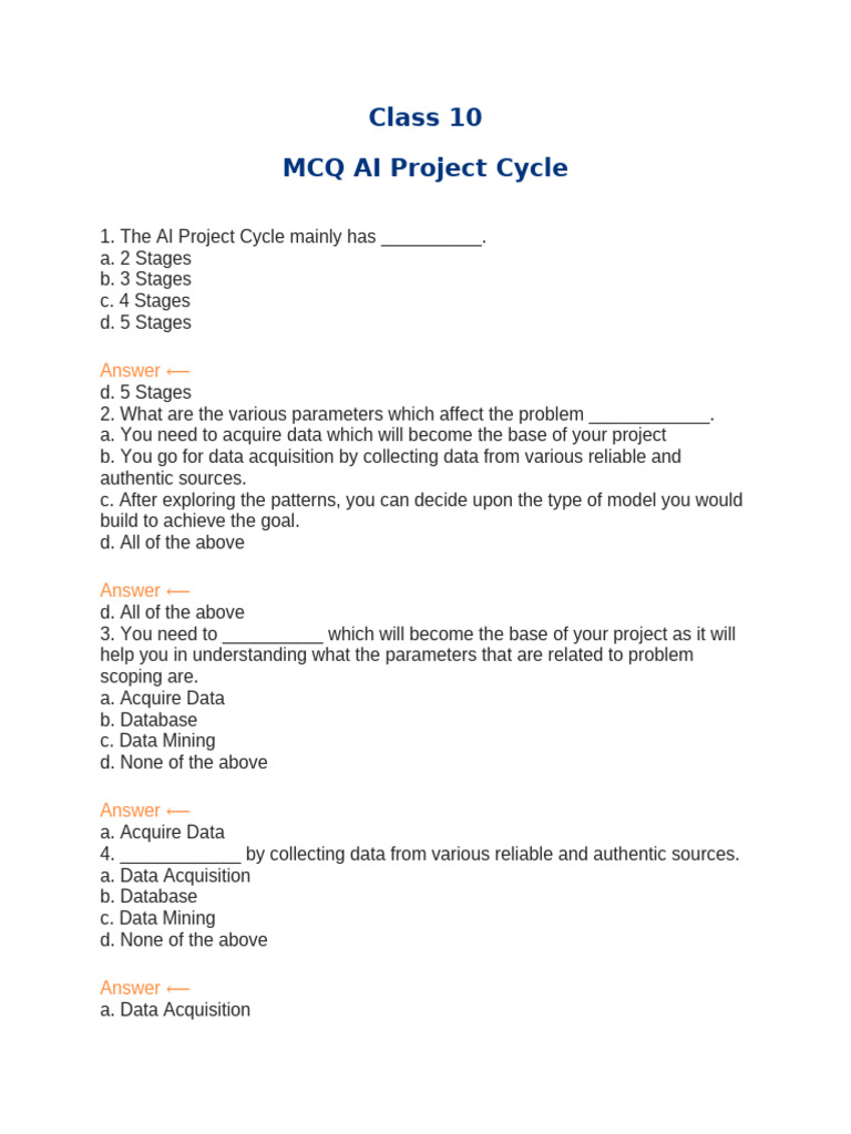 Ai Project Cycle MCQ Class 10 | PDF