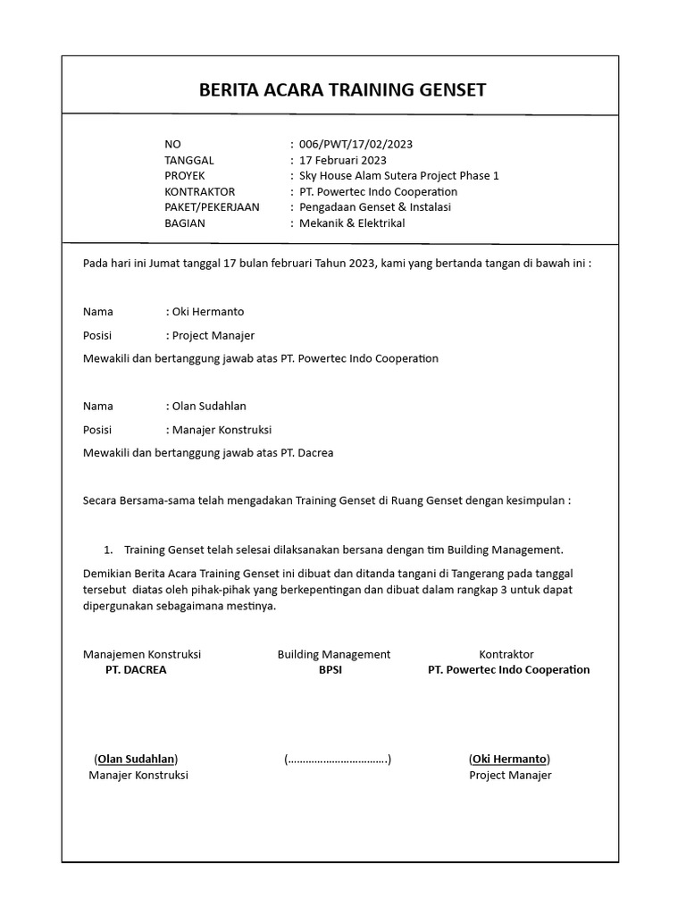 BERITA ACARA TRAINING GENSET | PDF
