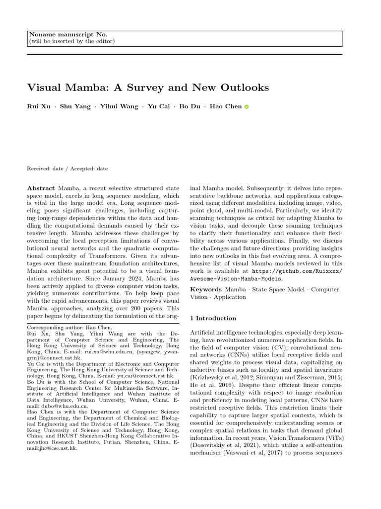 Visual Mamba a Survey and New Outlooks | PDF