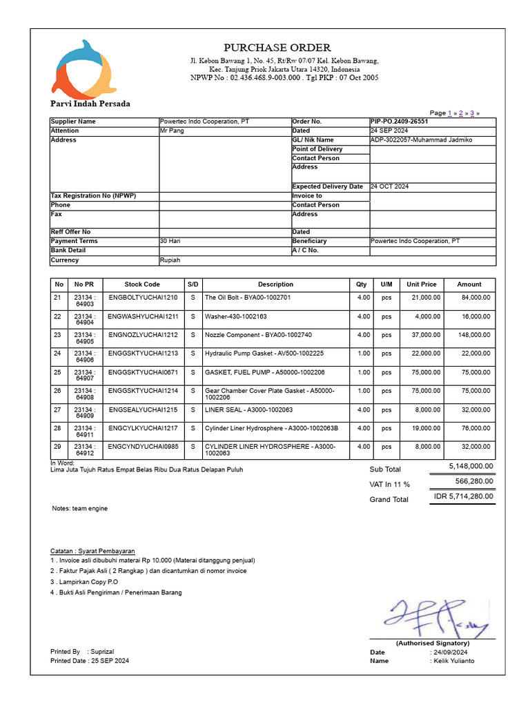 Purchase Order: Parvi Indah Persada | PDF