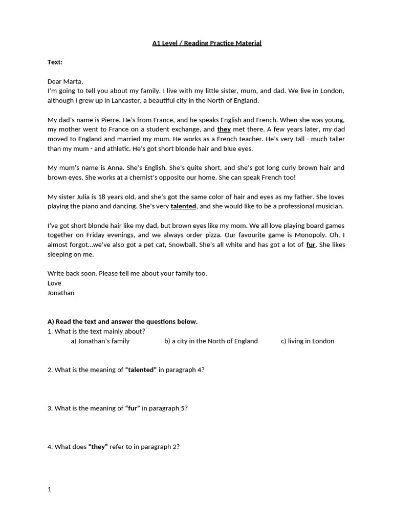 A1 Reading Practice 1 | PDF