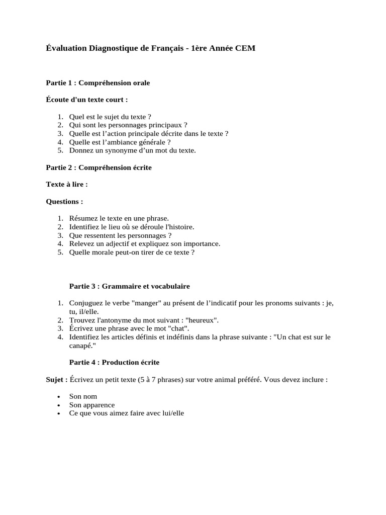 Évaluation Diagnostique de Français 1AM | PDF