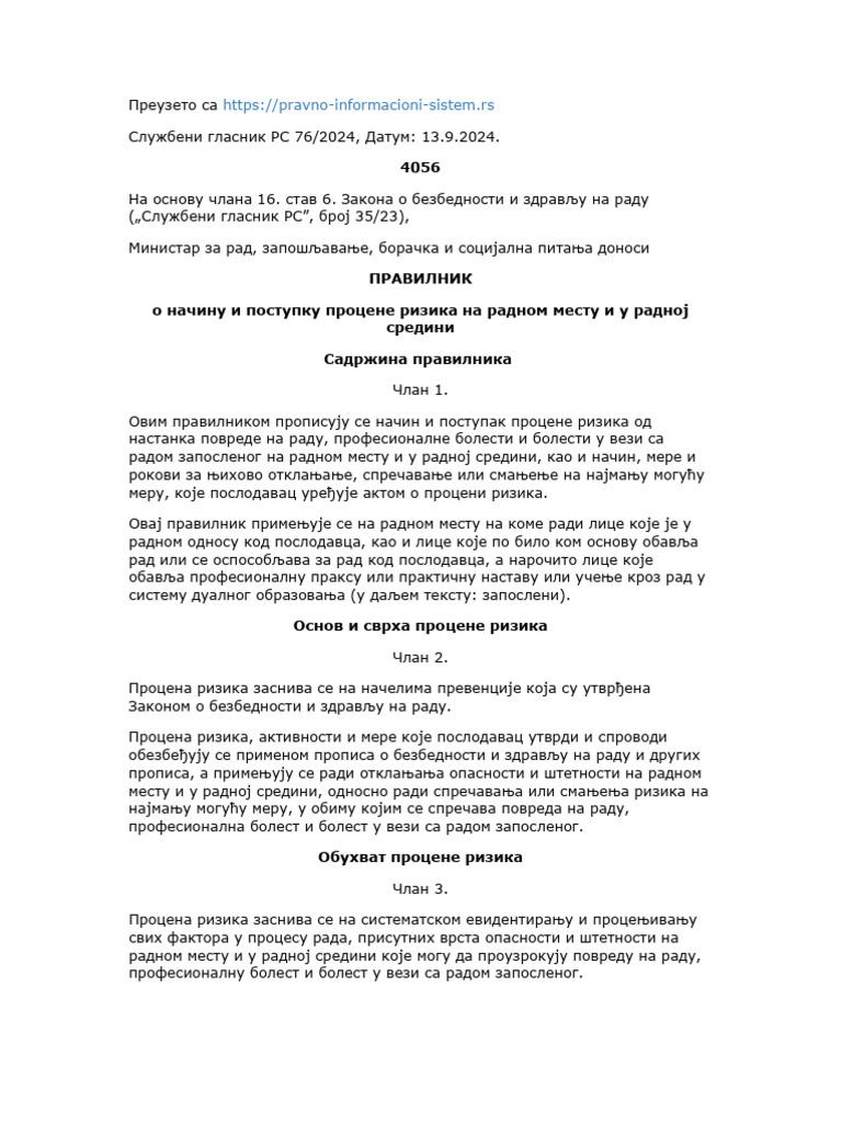 Pravilnik o Načinu I Postupku Procene Rizika Na Radnom Mestu I U Radnoj ...