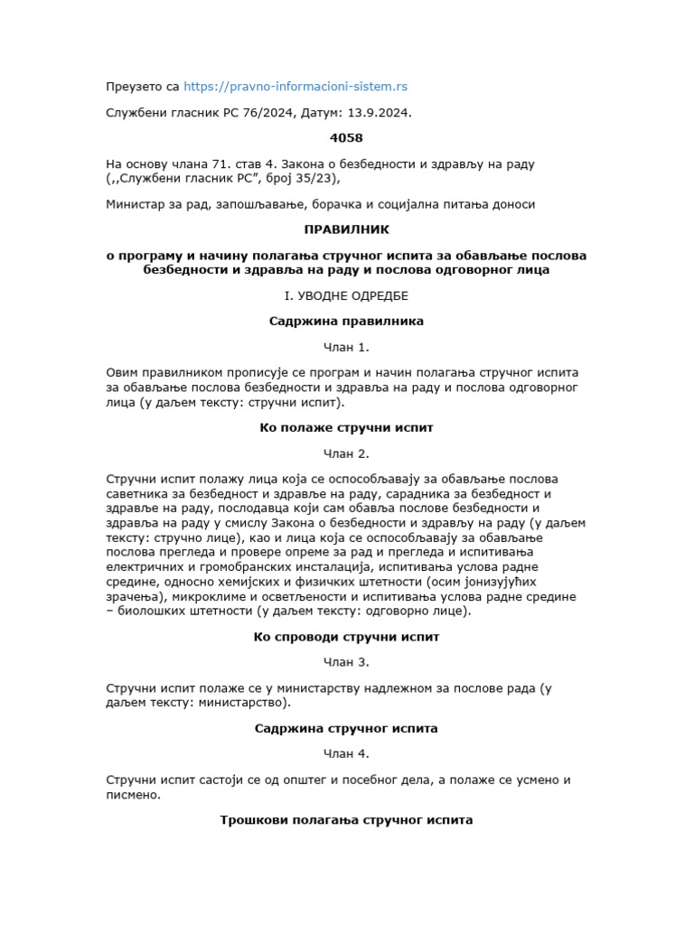 Pravilnik o Programu I Načinu Polaganja Stručnog Ispita Za Obavljanje Poslova Bezbednosti I ...