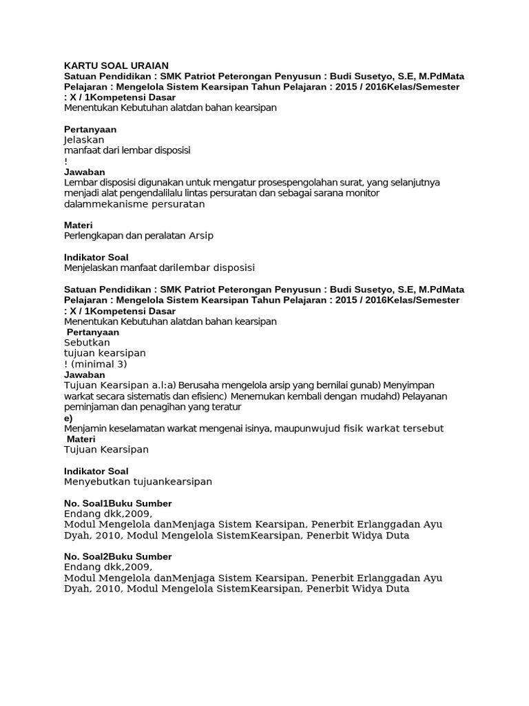 Kartu Soal Uraian | PDF