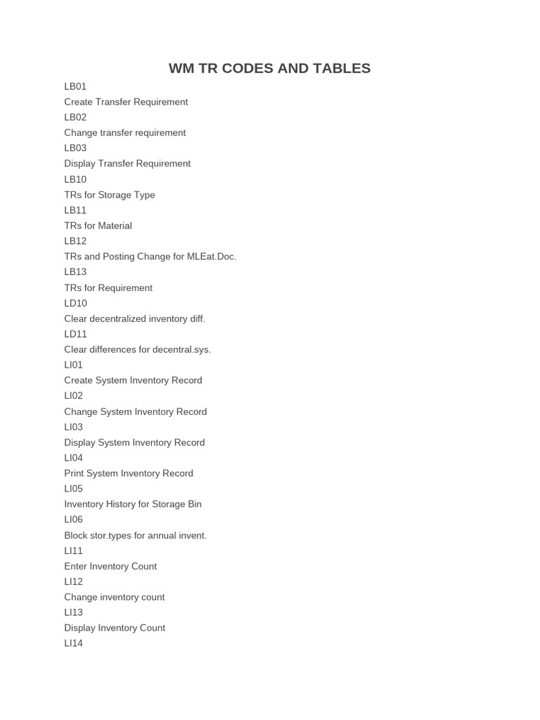 SAP WM TR Codes and Tables | PDF