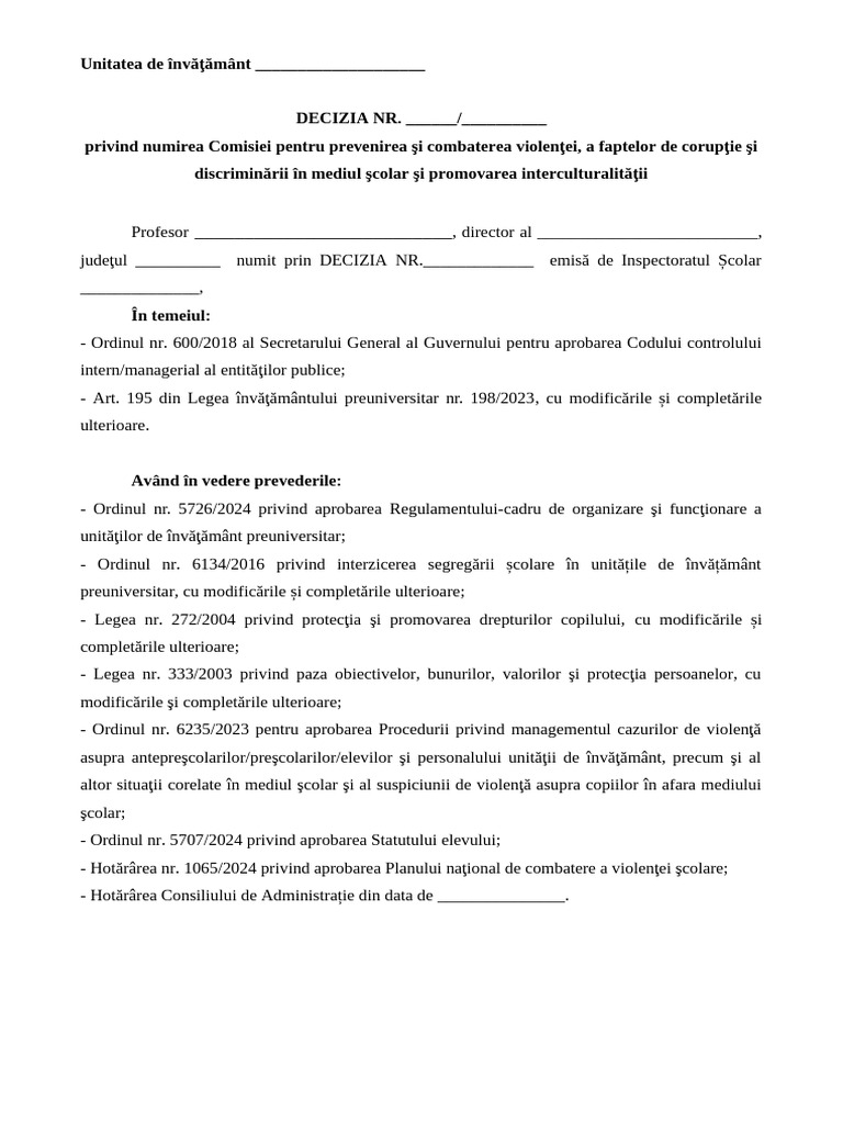 Anexa 1 - Decizie Numire Comisie Prevenire Si Combatere Violenta | PDF