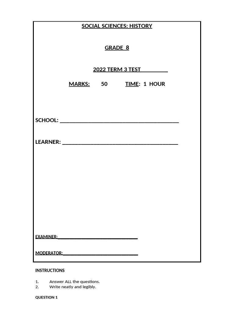 Grade 8 History Term 3 Test 2022 | PDF