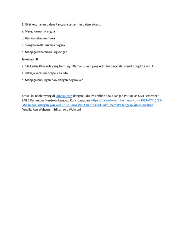 Jawaban: B: Latihan-Soal-Ulangan-Pkn-Kelas-6-Sd-Semester-1-Bab-1-Kurikulum-Merdeka-Lengkap-Kunci ...