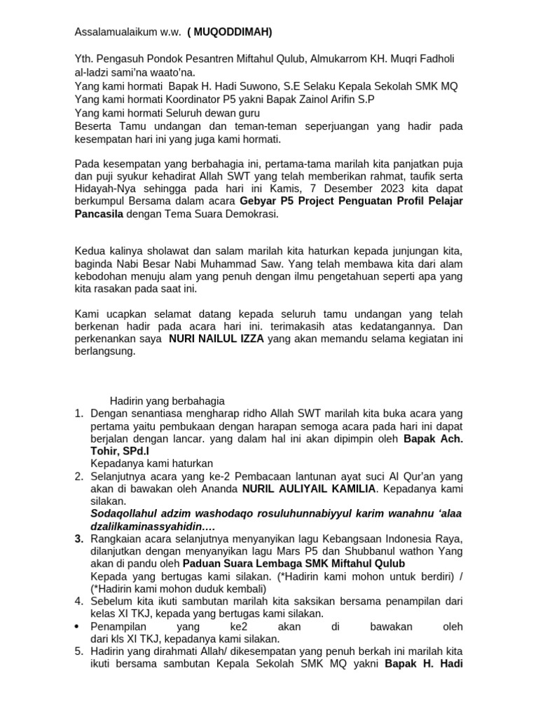 Teks MC Acara Gebyar P5 SMK Miftahul Qulub | PDF