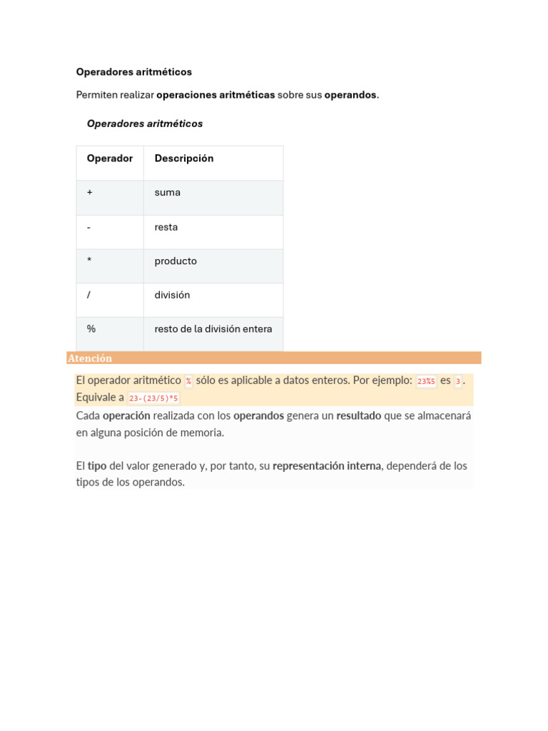 Operadores aritméticos | PDF