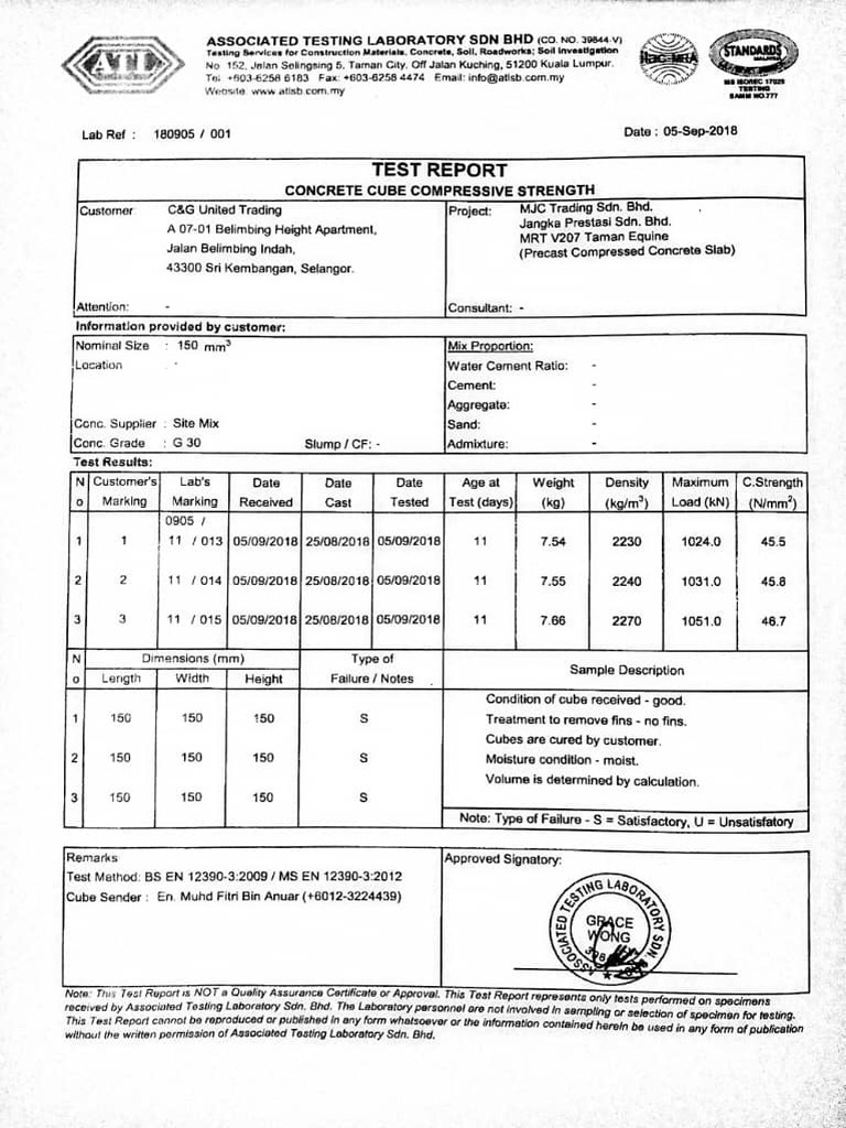 Sample Test Report Concrete Strength | PDF