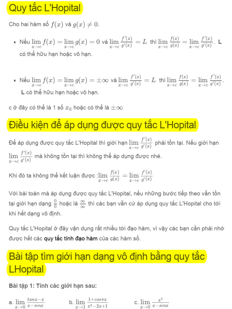 Tìm giới hạn dạng vô định bằng quy tắc LHopital | PDF