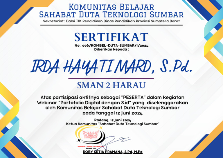 Sertifikat: Irda Hayati Mard, S.PD | PDF