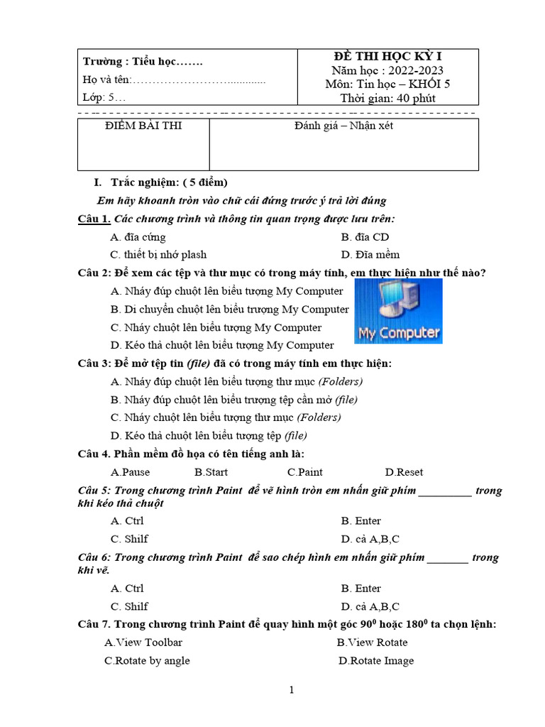 De Thi Hoc Ki 1 Mon Tin Hoc Lop 5 Nam 2022 de 1 | PDF
