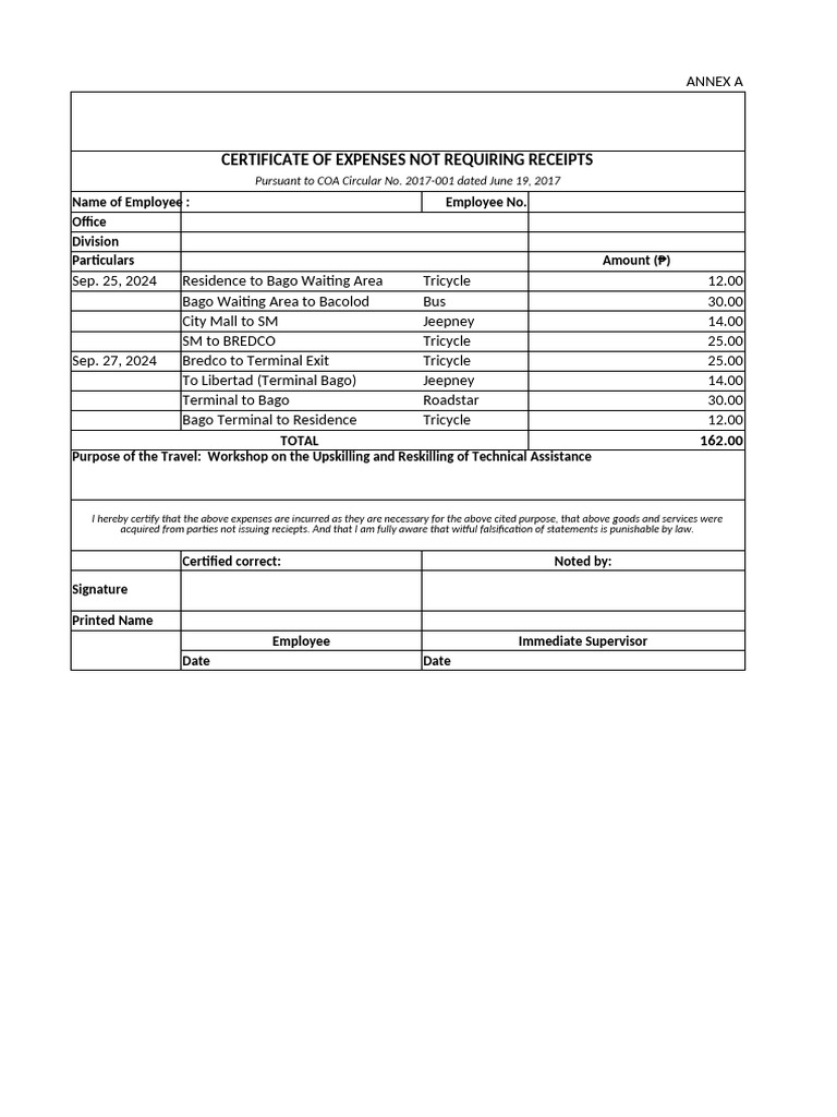 Certification-of-Expenses-Not-Requiring-Receipts-COA Sample | PDF