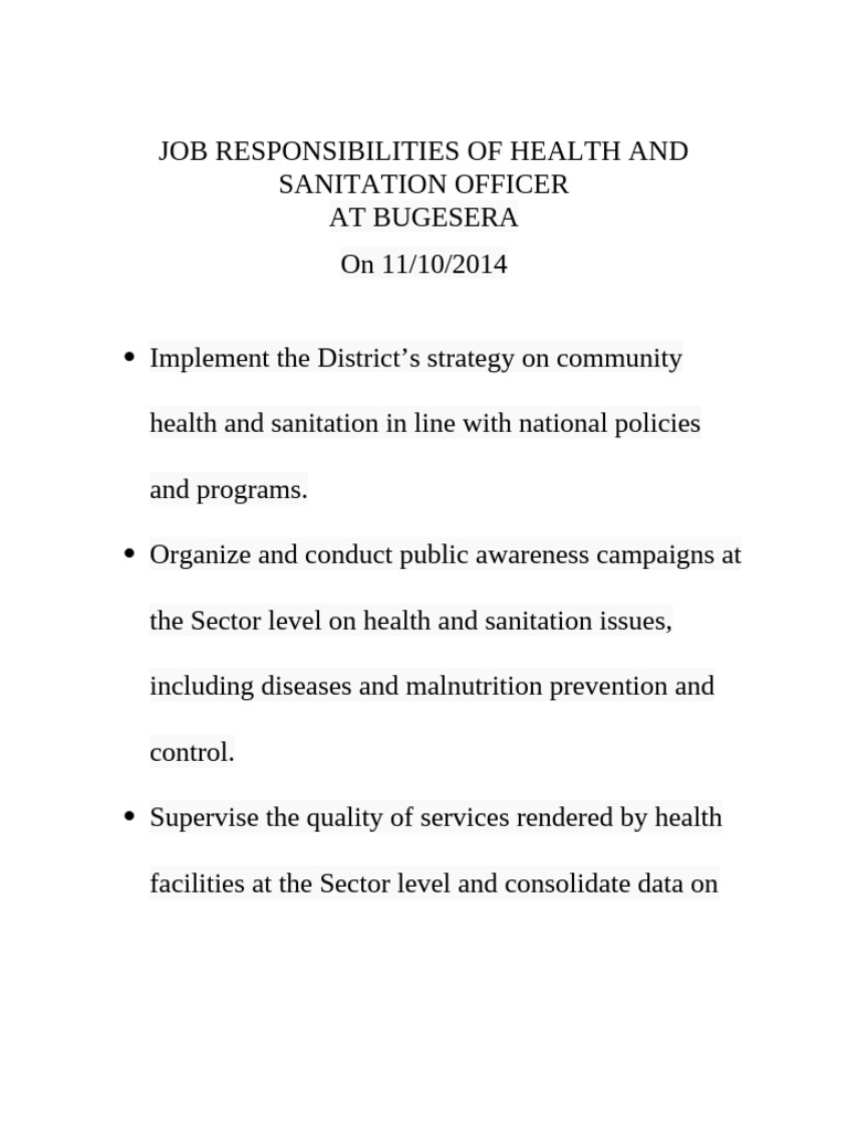 Job Responsibilities of Health and Sanitation Officer | PDF