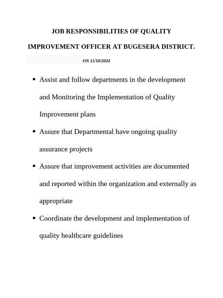 Job Responsibilities of Quality Improvement Officer at Bugesera ...
