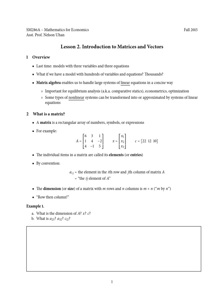 Lesson 2. Introduction To Matrices and Vectors: Matrix Algebra | PDF
