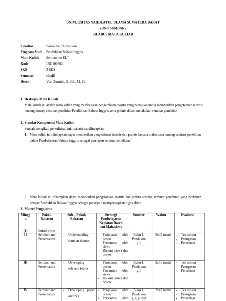 Silabus Seminar On ELT | PDF