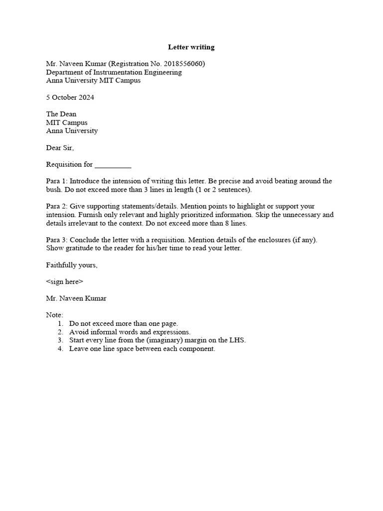 Letter Writing - To Dean - Format-1 | PDF