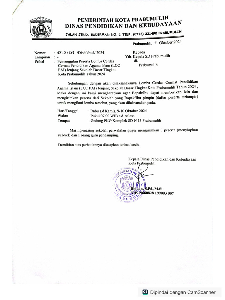 Pemanggilan Peserta LCC PAI SD Tahun 2024 | PDF