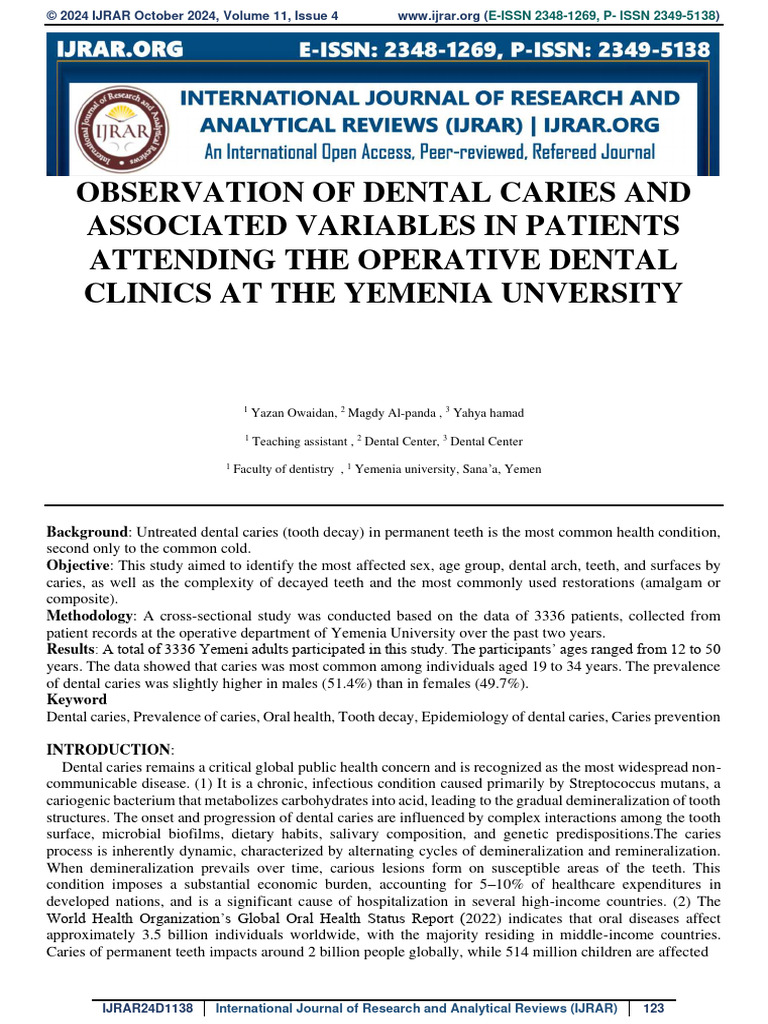 Observation of Dental Caries and Associa | PDF | Human Tooth | Dentistry