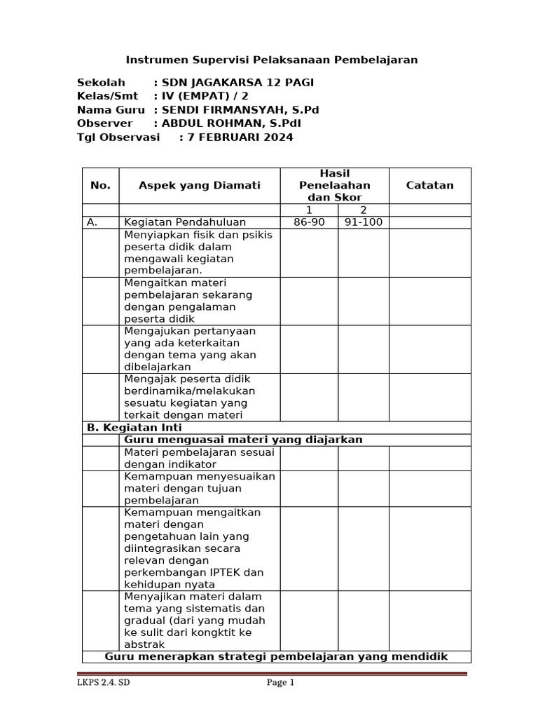 Instrumen Supervisi Pembelajaran | PDF