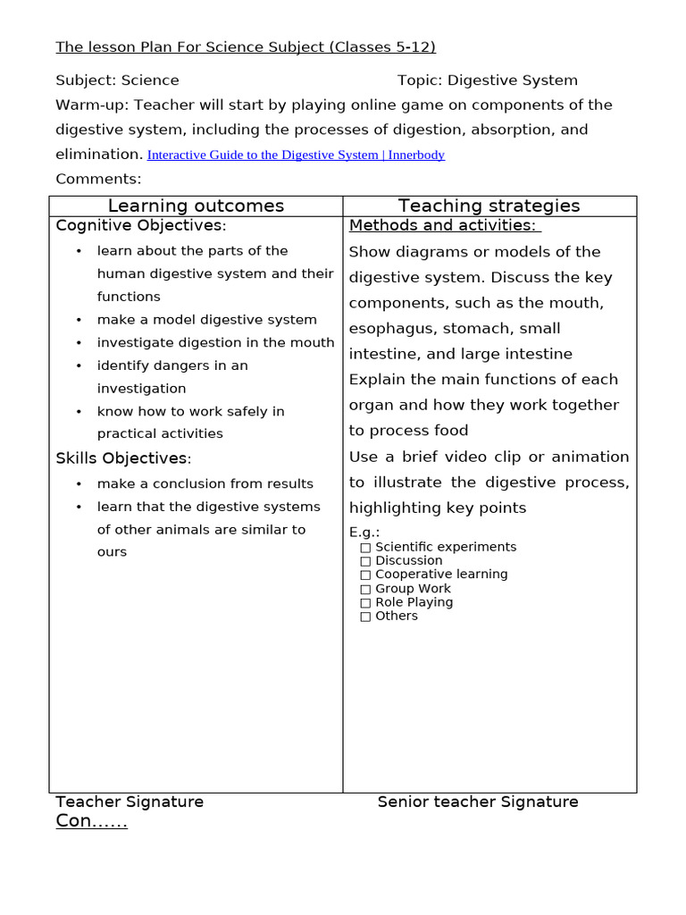 Digestive System Grade 5 Lesson Plan | PDF