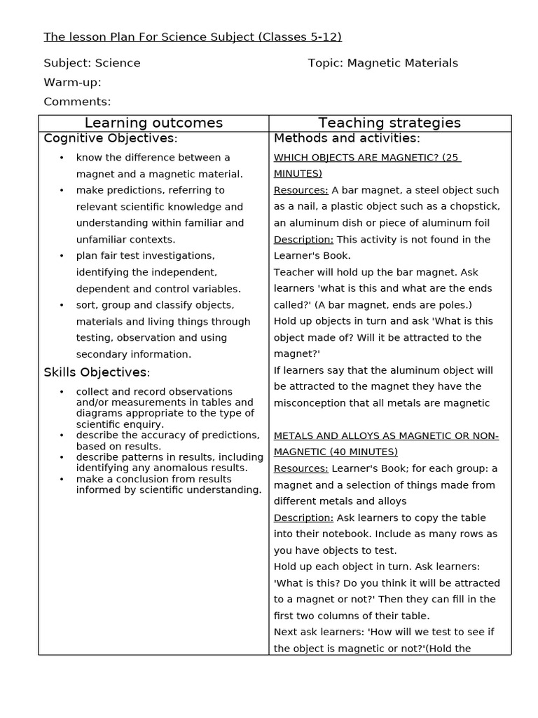Magnets and Magnetics Materials Grade 5 Lesson Plan | PDF