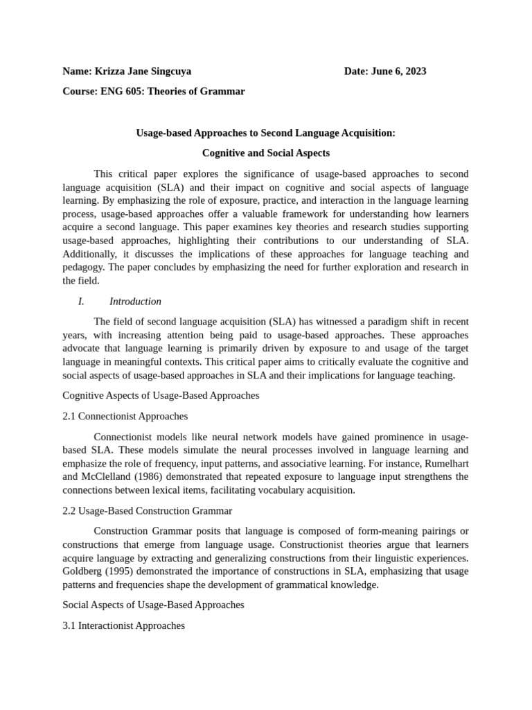 Theories of Grammar - Usage-Based Approach To SLA | PDF