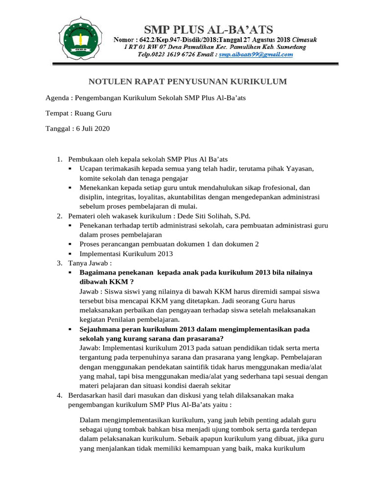 NOTULEN RAPAT PENYUSUNAN KURIKULUM | PDF